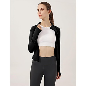 Locachy Women's Lightweight Stretchy Workout Full Zip Running Track Jacket with Thumb Holes Black S