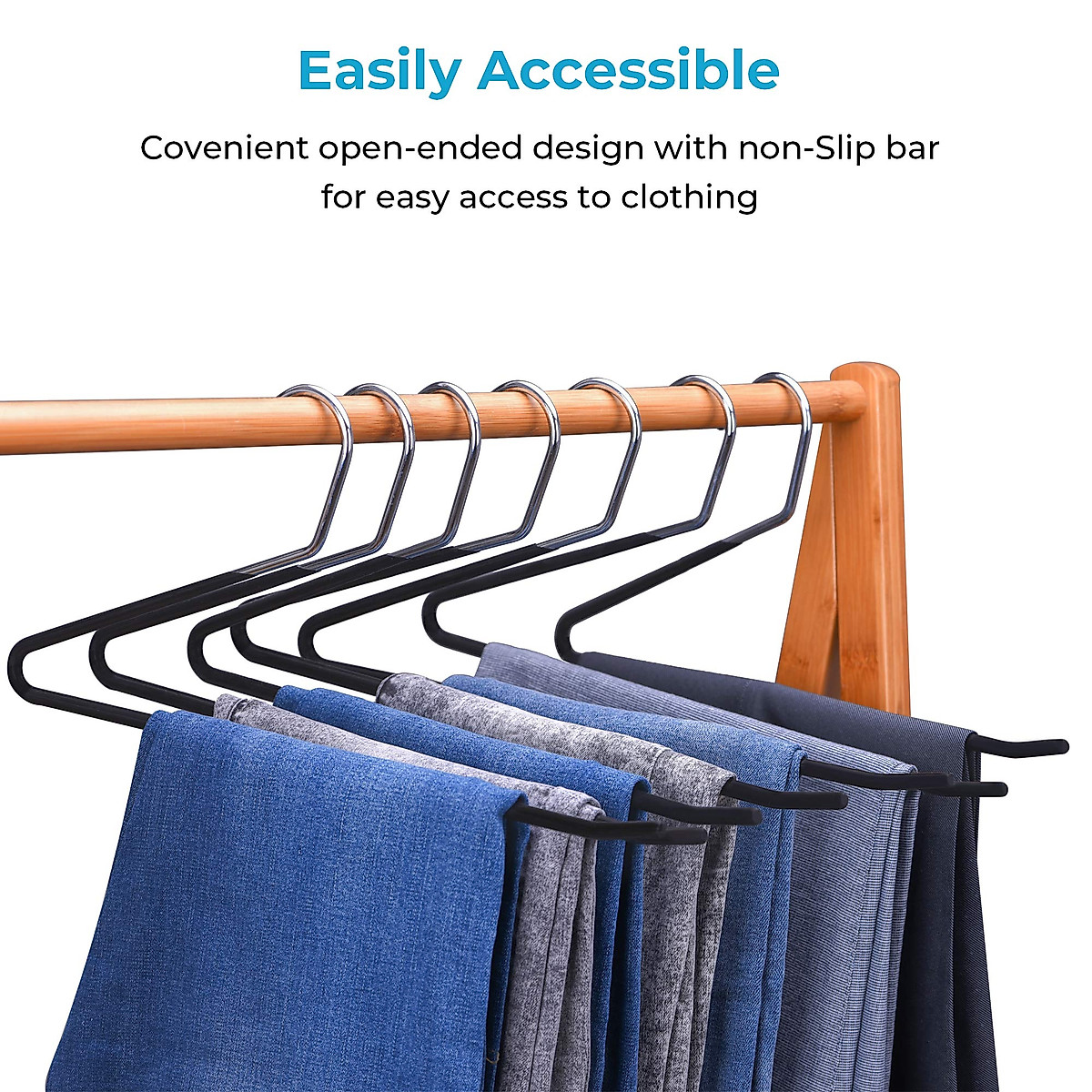 JS HANGER Non Slip Pants Hangers 10 Pack Open Ended Easy Slid Slacks Hangers, Durable Anti-Rust Space Saving Metal Jeans Hangers, Chrome and Black Friction