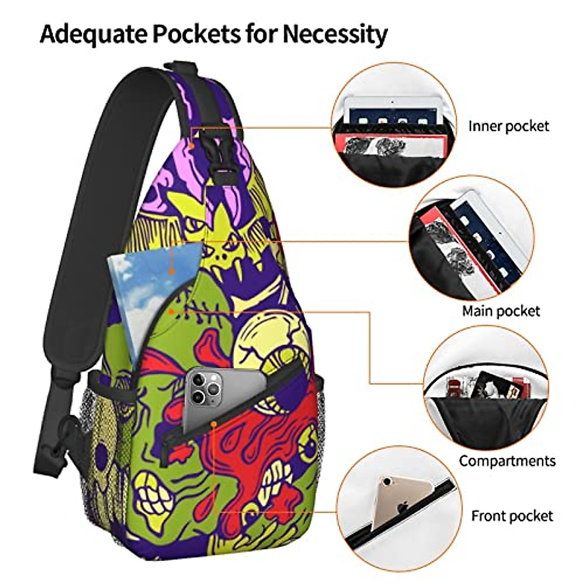 Mens Fashion Gym Bags Anti-Theft Halloween Pattern With Horror Elements Zombie Skull Colorful Crossbody Shoulder Backpack with Zipper, Multipurpose Sling ​Backpack for Cycling Traveling Hiking