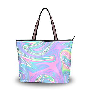 Bolaz Tote Bag with Pockets for Women Rainbow Marble Holographic Shoulder Bag Handbags Zipper Small Travel Office Business