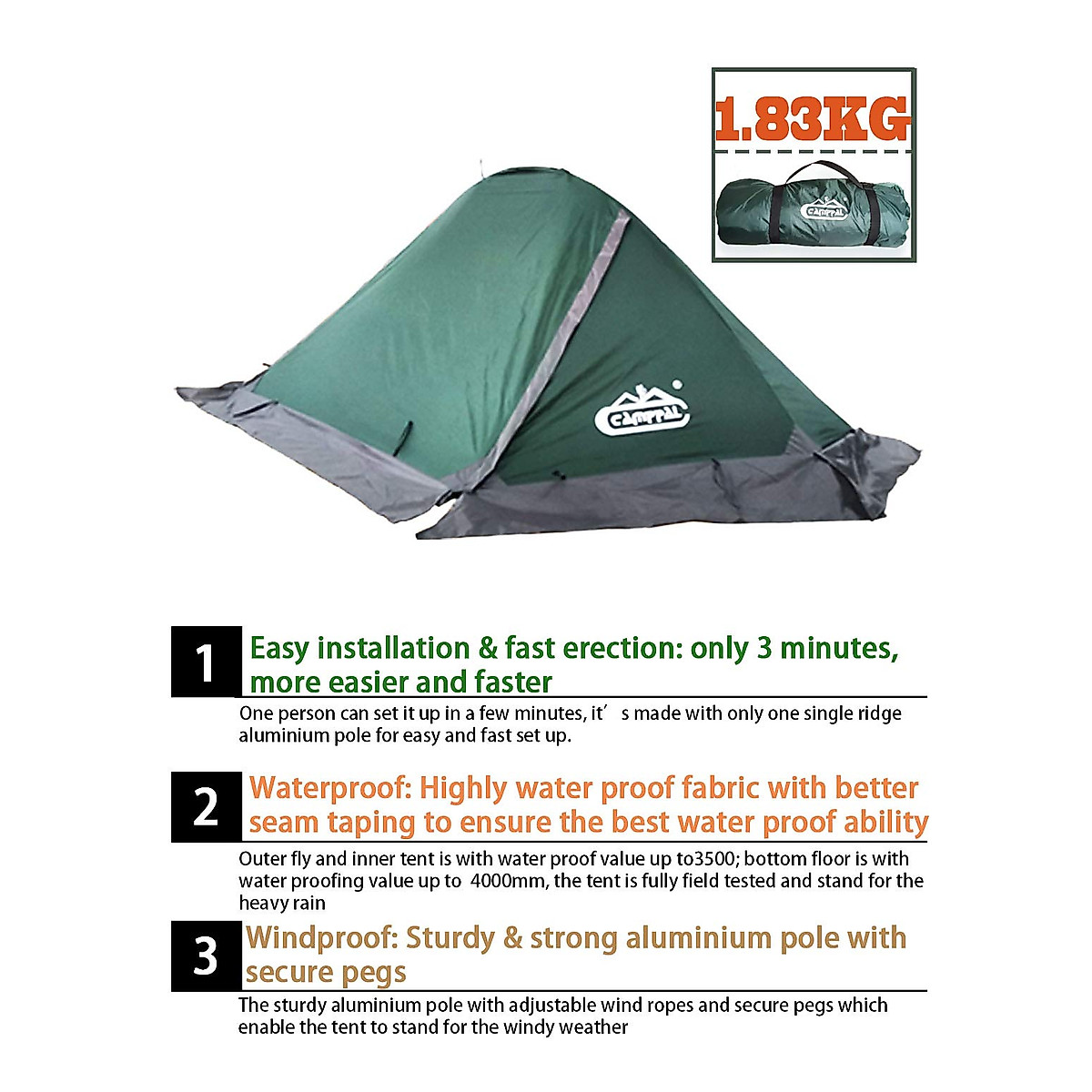camppal 1 Person Tent Backpacking Camping Hiking Mountain Hunting Tent Lightweight and Waterproof for 4 Season Extreme Space Saving Single Bracket (Green-with skirt)