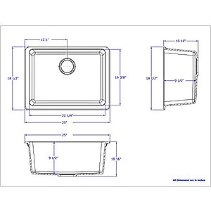 Winpro New Black Granite Quartz 25" x 18-1/2" x 9-1/2" Single Bowl Undermount Sink