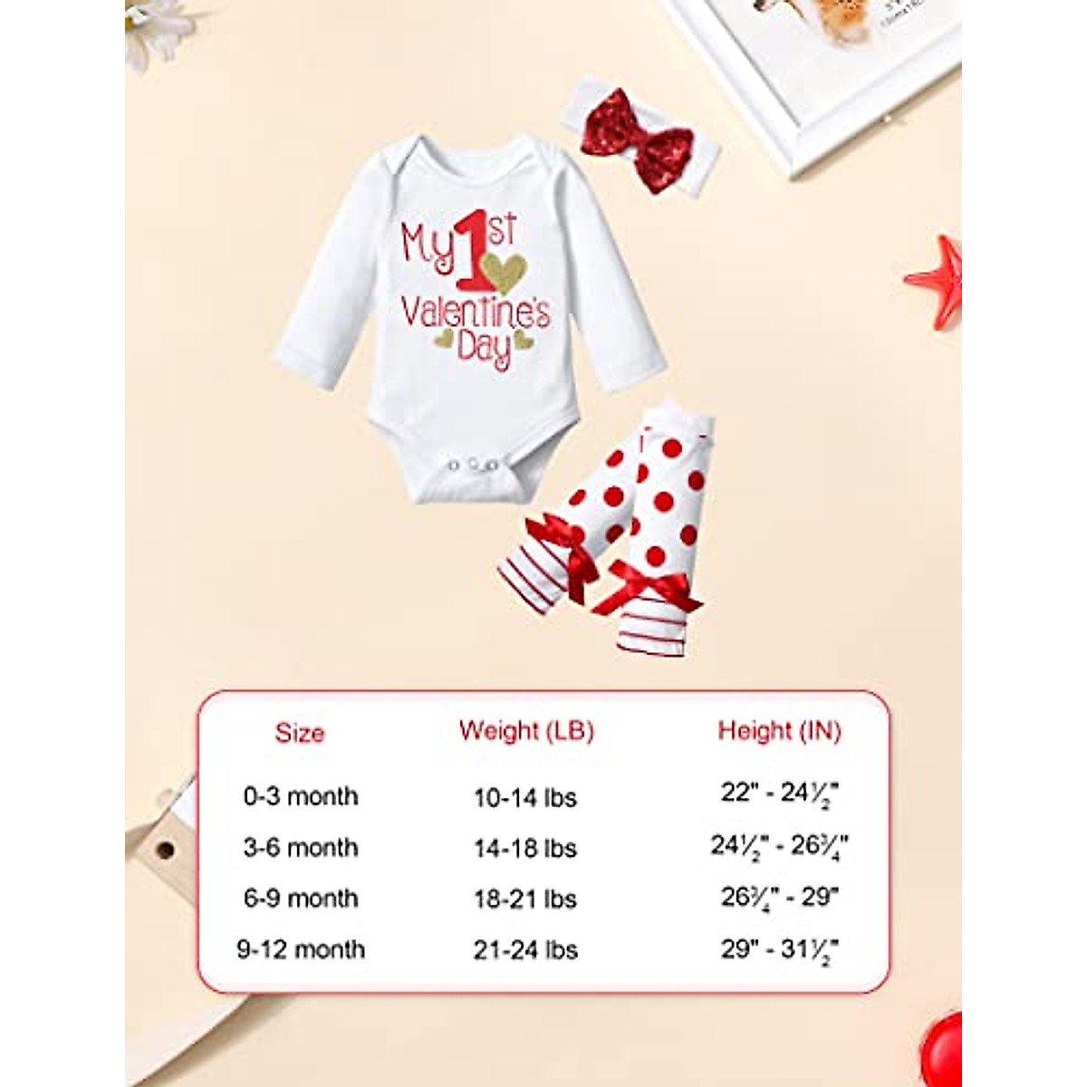 DONWEN Baby Valentine Outfits 3-6 Months My 1st Valentine's Day Baby Girl Outfit Set Long Sleeve Red Romper Bodysuit Dots Leg Warmers Cute Valentine Outfit Baby Girl