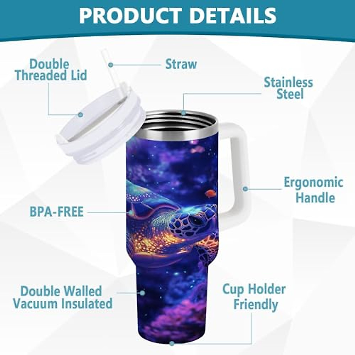 Slewiaeky Tumbler with Handle 40 oz Tortoise Turtle Sea Travel Mug with Lid and Straw Ocean Stainless Steel Vacuum Insulated Water Bottle Cup for Iced Tea Coffee Cold Beverages Cup Holder Friendly