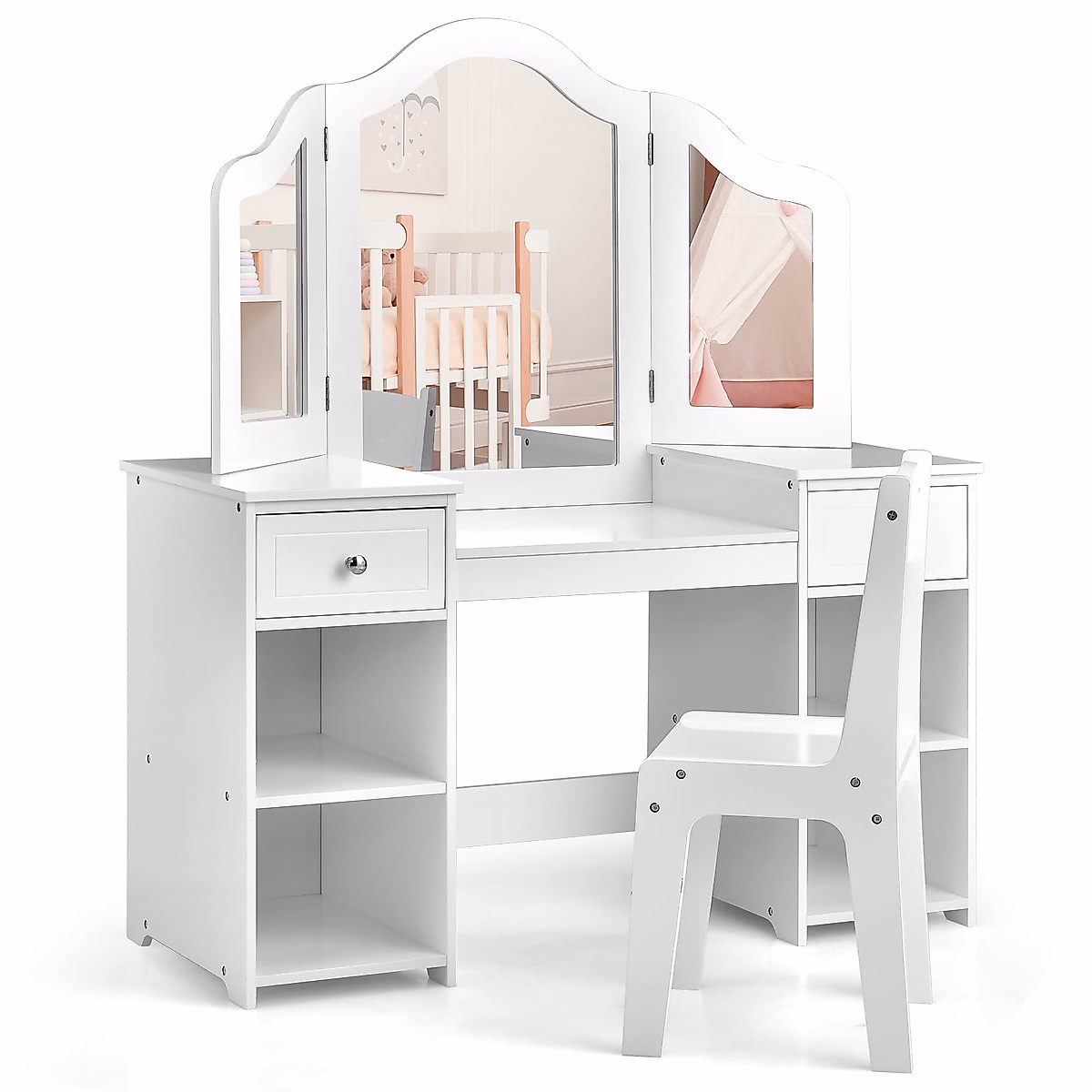 AKUSTIK Kids Vanity, 2 in 1 Wooden Princess Makeup Table and Chair for Toddlers with Tri-Folding Detachable Mirror, Storage Drawers for Little Girls, Pretend Beauty Dressing Desk Play Set Toy Gift