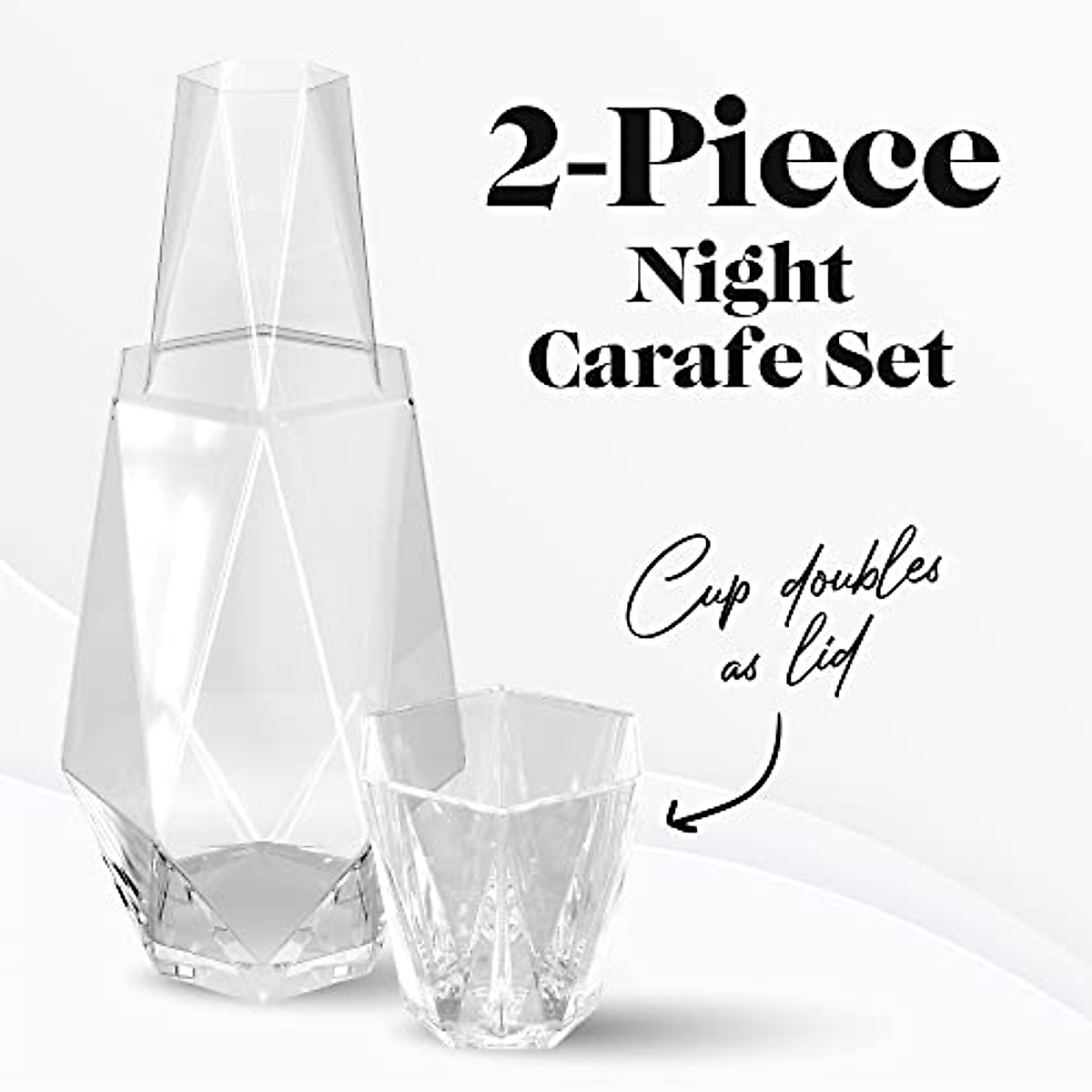 Fifth Avenue Crystal Modern Geometric Bedside Water Carafe with Tumbler- Elegant Pitcher and Matching Drinking Glass Doubles As Lid for Guest Room, Office (Clear)
