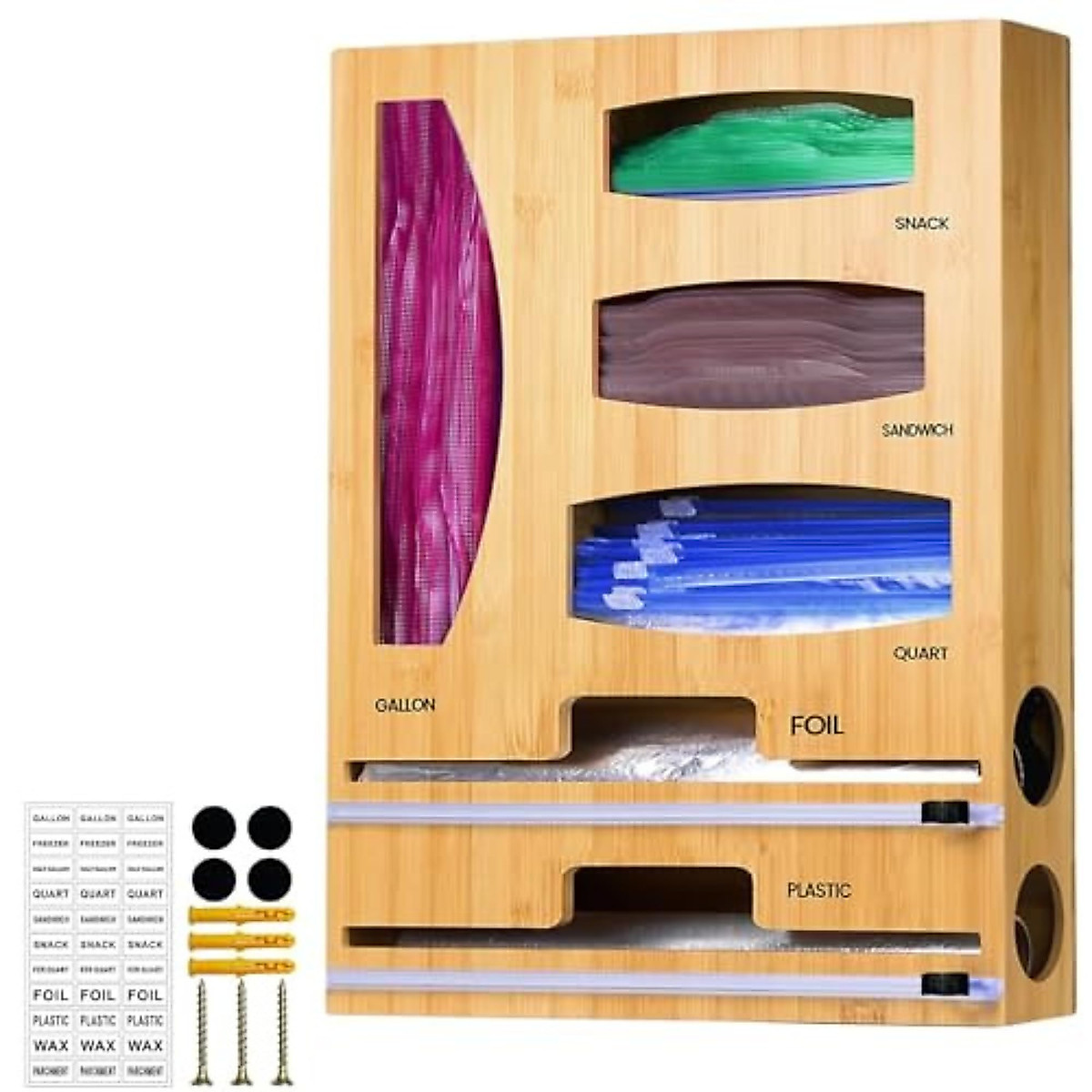 Ziplock Bag Organizer for Kitchen Drawer - 6 in 1 Wrap Dispenser with Cutter, Compatible with Gallon, Quart, Sandwich, Aluminum Foil, Plastic Wrap and Snack Foil and Baggie Storage Rack