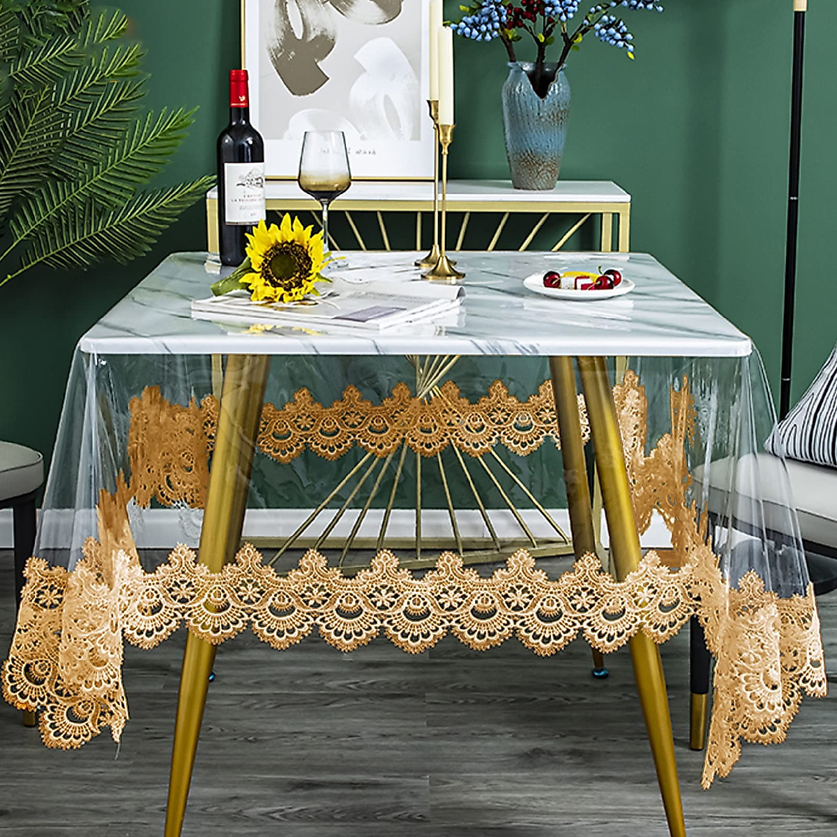 Jeloris Plastic Clear Rectangle Tablecloth Vinyl PVC Waterproof Tablecloth Embroidered Lace Edge Transparent Table Cover for Kitchen Dining Coffee Table (43x62 inch, Brown)