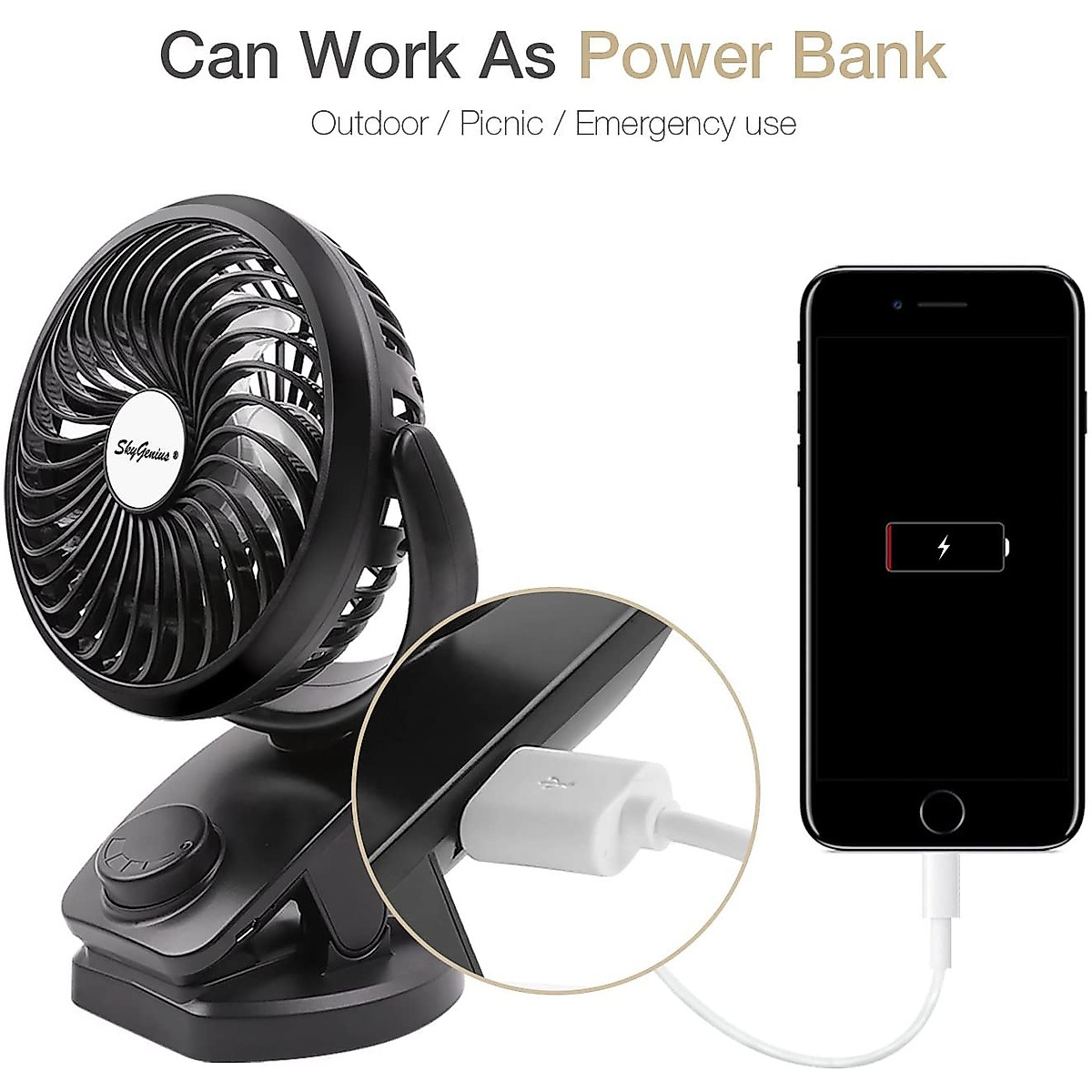 AJOYEUX Battery Operated Clip on Oscillating Fan - Max 40 Hours of Battery Life