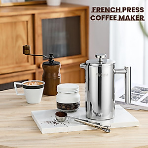 Velaze French Press Coffee Maker 34oz, Double Wall Insulated French Coffee Press Stainless Steel, 1L Coffee Maker Included 4 Extra Fliters and 1 Coffee Spoon