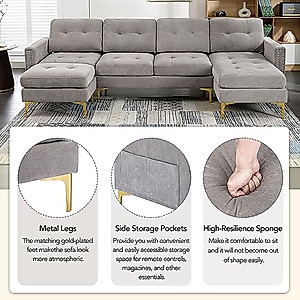BIADNBZ 111" Modern Convertible Sectional Sofa with Movable Ottoman,U-Shaped Velvet Upholstered Couch with Chaise Lounge for Living Room,Apartment,Office,Light Gray