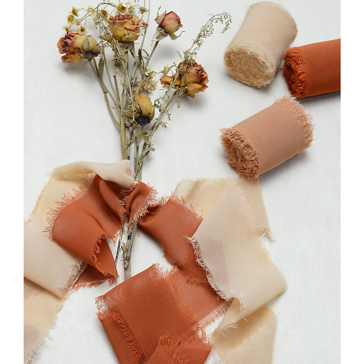 Socomi Handmade Fringe Chiffon Silk Ribbon 1-3/4" x 7Yd 3 Rolls Frayed Ribbon Set for Wedding Invitations Bridal Bouquets Terracotta