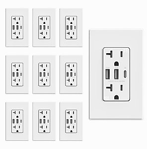 ELEGRP USB Outlets Receptacles, 3-Port USB C Wall Outlet, 30W 6.0A USB Electrical Outlet, 20 Amp Tamper-Resistant Outlet with USB C Ports, UL Listed, Screwless Wallplate Included, 10 Pack, Matte White