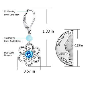 Dangle Flower Earrings for Women, White Gold Plated Drop Earrings with Blue Cubic Zirconia