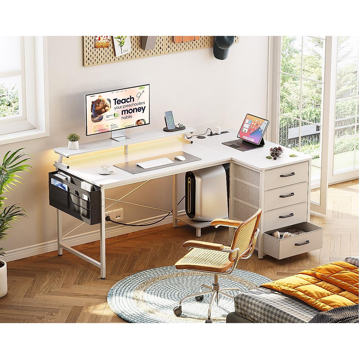 ODK 48-Inch L Shaped Gaming Desk with LED Lights & USB Power Outlets, Reversible Computer Desk with 4 Drawers, Corner Gamer Desk with CPU Shelf & Monitor Stand, Gaming Table for Bedroom, White