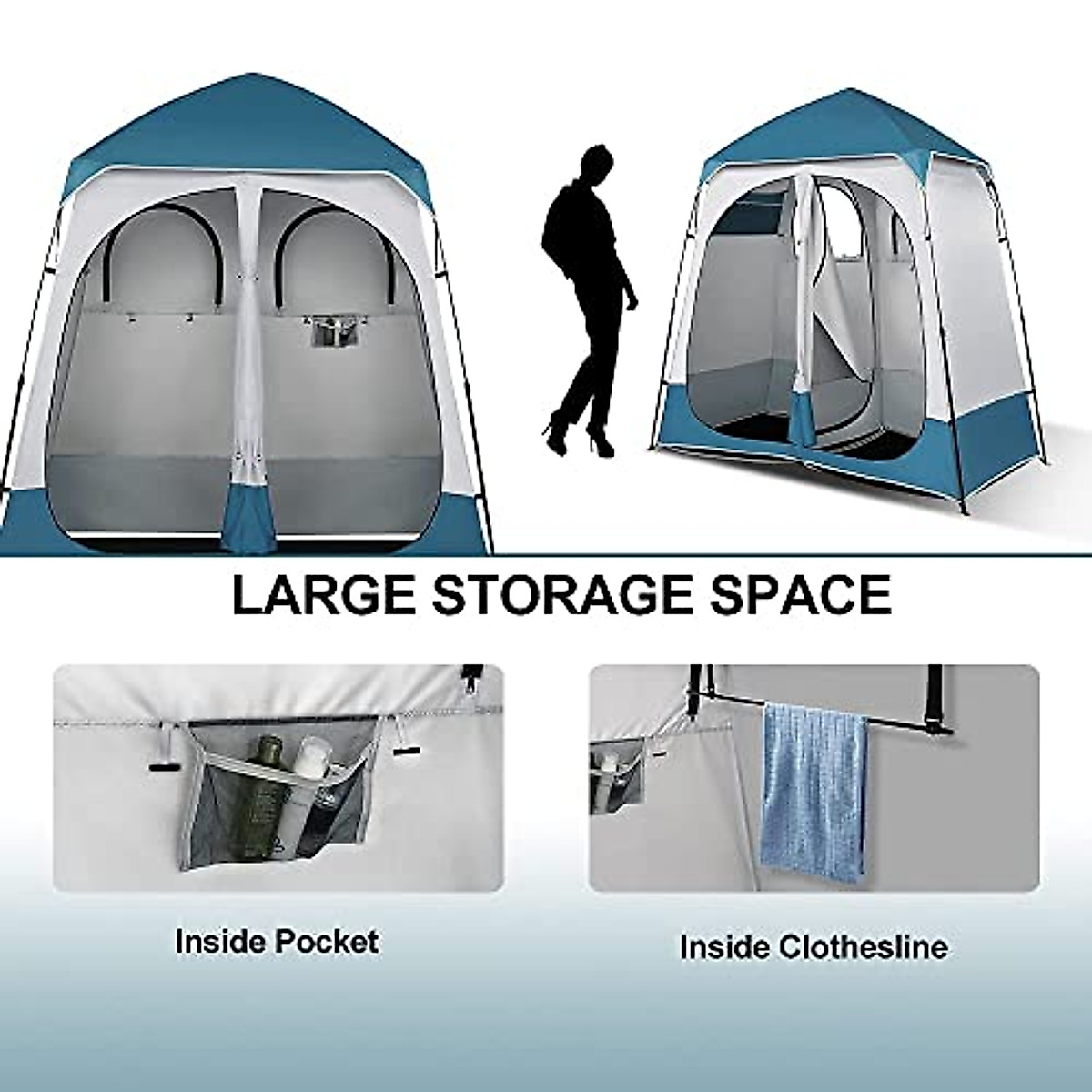 VINGLI 2 Room Shower Tent, 7.5 FT Instant Pop Up Shelter with Carrying Bag, Privacy Changing Room Tent,Perfect for Portable Toilet, Camping, Dressing, Outdoor Indoor, Easy Set Up (Blue)
