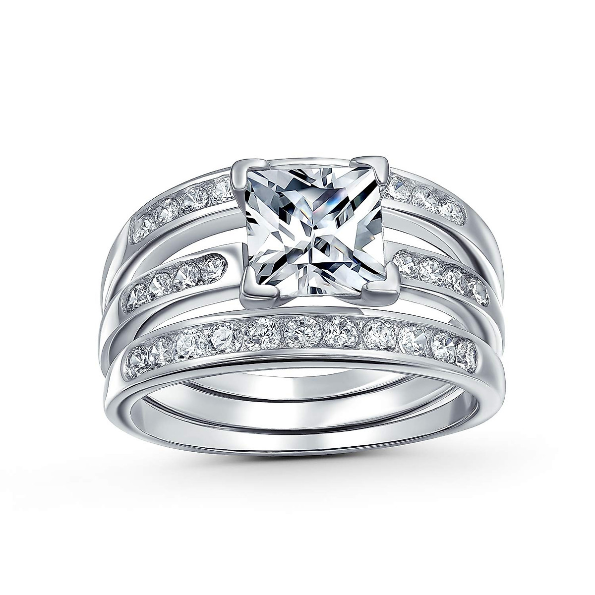 Bling Jewelry Sterling Silver Channel Set Princess CZ Engagement Wedding Ring Set - Size 9