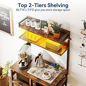 Casaottima Bakers Rack with Power Outlet & LED Lights, Coffee Bar with Storage 5-Tiers, Microwave Stand Kitchen Shelf 16.5 * 31.5 * 59 inches, Kitchen Coffee Rack, Rustic Brown