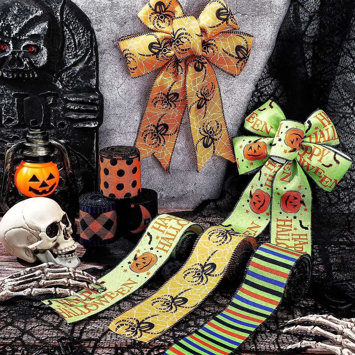 6 Rolls 30 Yards Halloween Wired Edge Ribbons Stripe Burlap Printed Ribbon Spider Web Pumpkin Ribbon Happy Halloween Decorative Wrapping Ribbon for Halloween DIY Craft Floral Bow