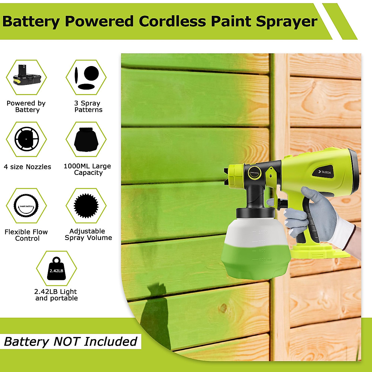TAIRDA Cordless Paint Sprayer for Ryobi 18V Battery(NO Battery), Handheld HVLP Paint Sprayer with 1000ML Container, Electric Paint Sprayer for Painting Ceiling, Fence, Cabinets, Walls (Bare Tool)