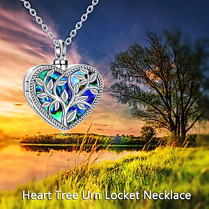 ONEFINITY Cremation Urn Necklace for Ashes Sterling Silver Abalone Shell Tree of Life Locket Necklace That Holds Pictures Heart Cremation Keepsake Memorial Ash Jewelry for Women Men