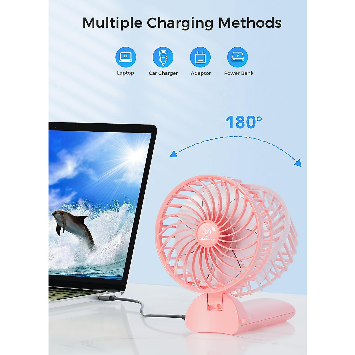 JZCreater Mini Handheld Fan,Portable Hand Held Fan, 15H Cooling Fan, Quiet 4 Speed, USB Rechargeable Battery Operated Desk Fan, Small Folding Electric Fan for Travel Outdoor Home Office Makeup, PINK
