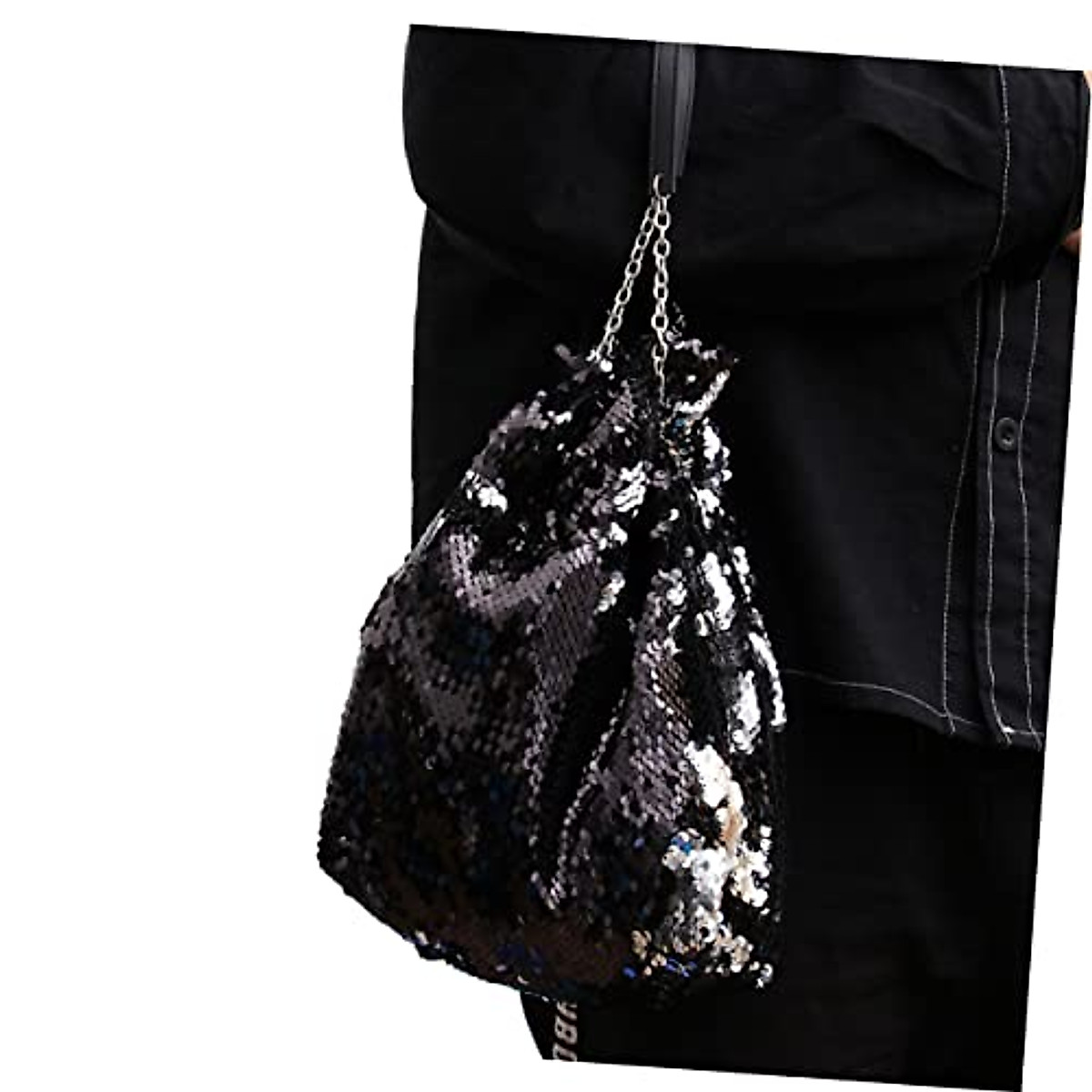 VALICLUD 2pcs Single Shoulder Evening Girls Fashion Handbag - Girl Sequined Bucket Tote Women Clutch Sequins Purse Glitter Sequences with for Draw Strap Chain Messenger Black Sequin Bag