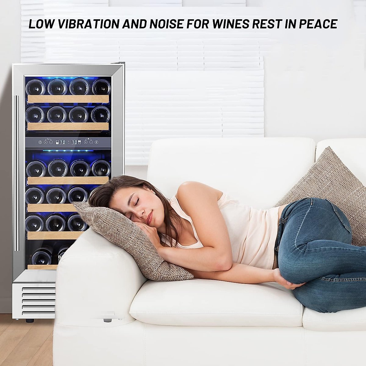 BODEGA 15 Inch Wine Cooler Under Counter, 28 Bottle Dual Zone Wine Fridge, with Double-Layer Glass Door, Temperature Memory and Digital Temperature Control, Built-in or Freestanding