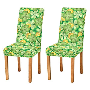 JUNZAN Luck Clover Gold Coin St. Patrick's Day Green Table and Chair Covers 2Pcs Table and Chair Cover Set Stretchable Banquet Chair Covers for Dining Room Spandex Chair