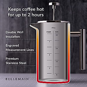 Bellemain French Press Coffee Maker Extra Filters Included, 35 oz, Stainless Steel