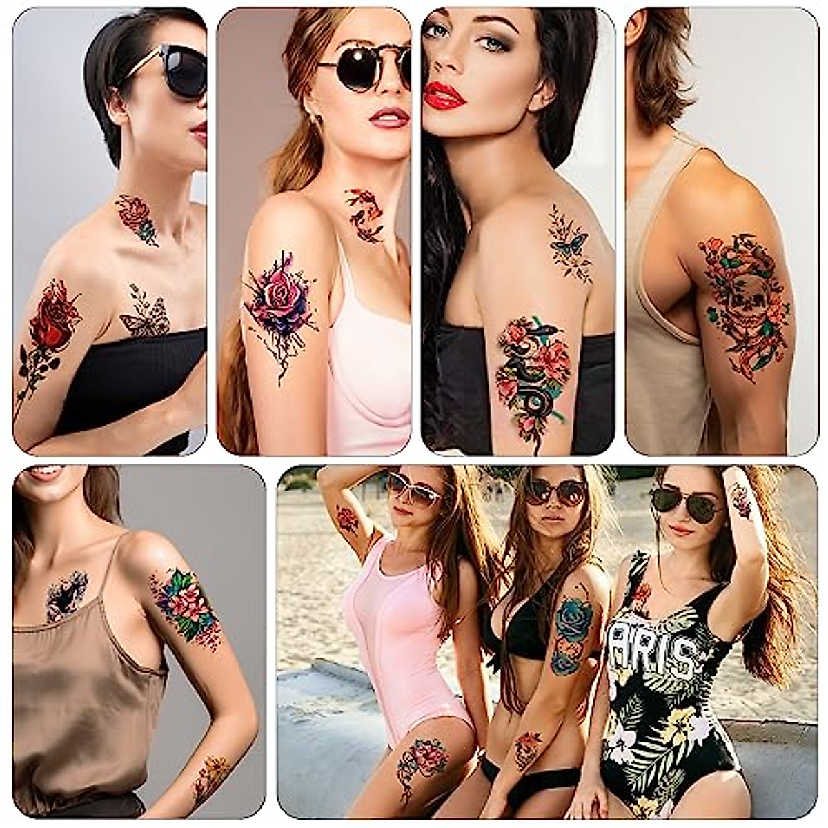 77 Sheets Temporary Tattoo, 17 Sheets Half Arm Flower Rose Skull Butterfly Snake Fake Tattoos for Adults, 60 Sheets Tiny Waterproof Temporary Tattoos Body Art Sticker Realistic for Women Girls or Kids