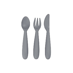 ezpz Happy Utensils - 100% BPA Free Fork, Spoon & Knife for Toddlers + Preschoolers + Self-Feeding - Designed by a Pediatric Feeding Specialist - 24 Months+ (Gray)