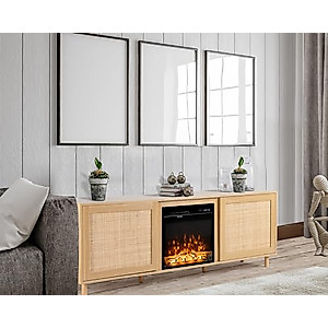 VINGLI Fireplace TV Stand for TVs Up to 75 inch, Rattan TV Stand with Electric Fireplace, Boho Modern Entertainment Center (70" x 24" x 14‘’, Oak, Comes in 2 Boxes)