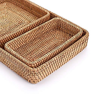 Hipiwe Large Rattan Serving Tray, Handwoven Wicker Basket Organizer Tray, Rectangle Tabletop Breakfast Drinks Snack Fruit Storage Platter Tray for Dining, Coffee, Home Decor (Set of 3)