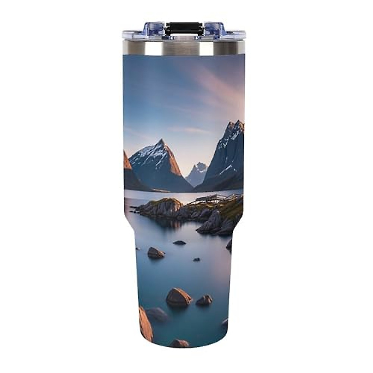 LLUTSNTH 40 Oz Vacuum Tumbler with Deep Blue Handle Leakproof Insulated Tumbler Norway Islands Stainless Steel Travel Mug with Lid And Straw Coffee Cup Cute Water Bottles Cup Holder Friendly