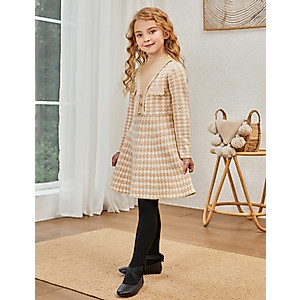 Girls Knitted Sweater Dresses Kids Mock Neck Khaki Flare Plaid Winter Dress, 4t 5t