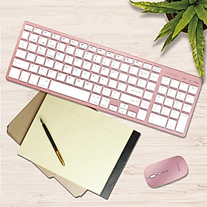 Wireless Keyboard Mouse Combo, Haricset Rechargeable Full-Size Silent Slim Dual-Mode(BT3.0+BT5.0+2.4G) Multi-Device Bluetooth Keyboard Set, 3 Level DPI Mouse,for Windows/Android/Mac OS/iOS (Rose Gold)