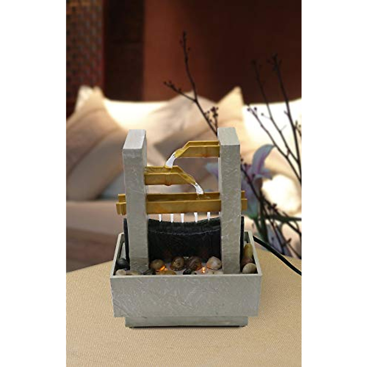 Nature's Mark 8" H Cascading Bamboo Tabletop Water Fountain with Natural River Rocks and LED Lights (Power Cord Attached)