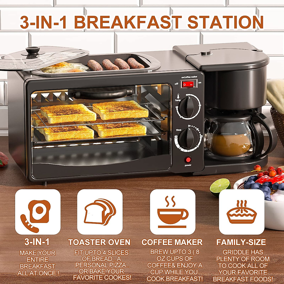 Breakfast Station, Toaster with Frying Pan, Portable Oven Breakfast Maker with Coffee Machine, Non Stick Die Cast Grill/Griddle for Bread Egg Sandwich Bacon Sausages (Bright Black)