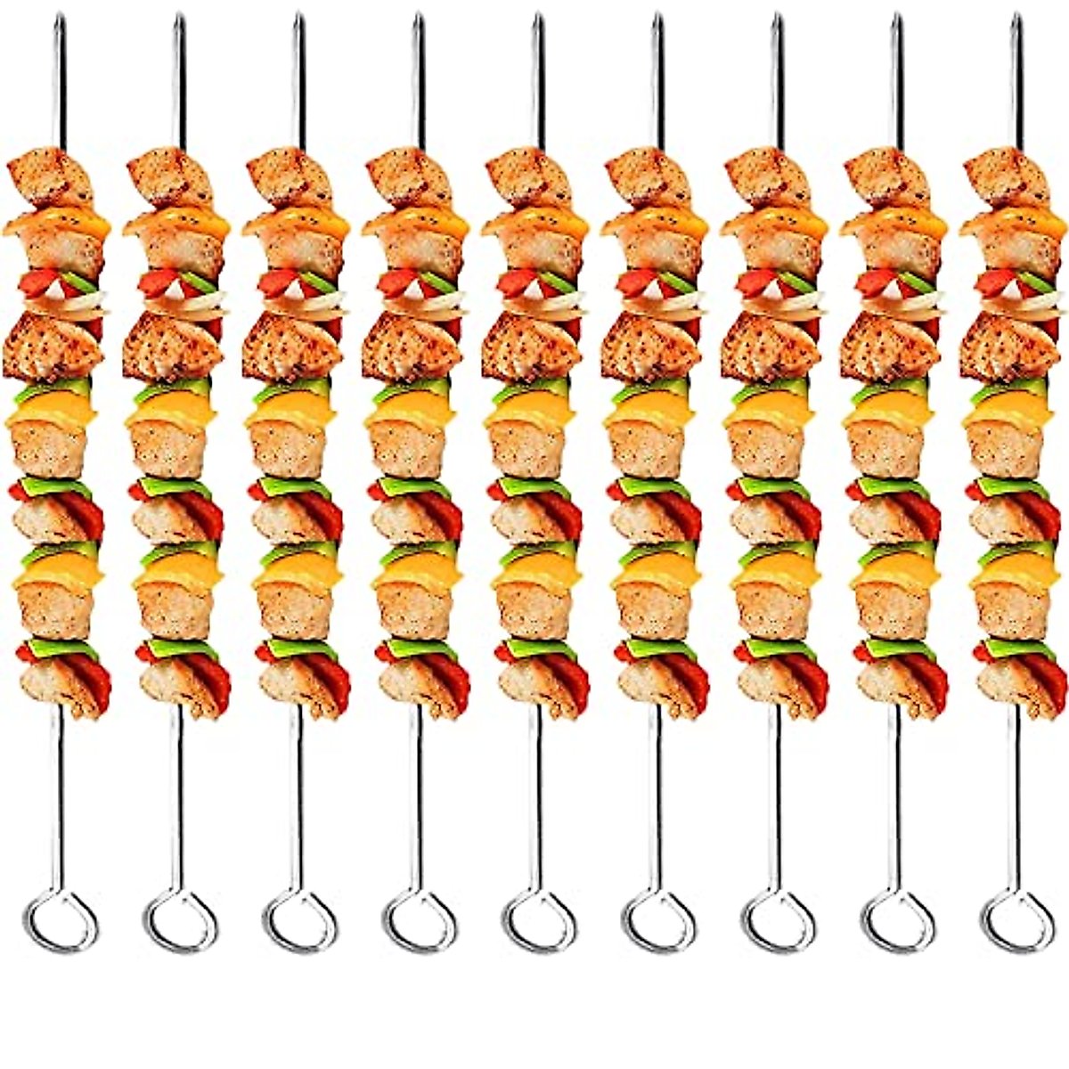 Metal skewers for grilling，skewers for kabobs，stainless steel skewers 14” Flat Shish Kabob Skewers with Ring Handles ，metal skewers ,Reusable BBQ Sticks - 10 Pack with Storage Bag