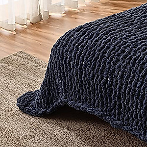 DIRUNEN Chunky Knit Luxury Throw Blanket Large Cable Knitted Premium Soft Cozy Chenille Bulky Blankets for Cuddling up in Bed, on The Couch or Sofa (Dark Gray-Silver Ribbon) 59"×79"