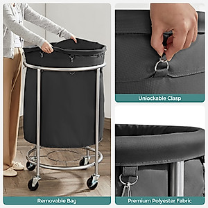 SONGMICS Laundry Basket with Wheels, Rolling Laundry Hamper, 45 Gal., Round Laundry Cart with Steel Frame and Removable Bag, 4 Casters and 2 Brakes, Black and Silver URLS001B01