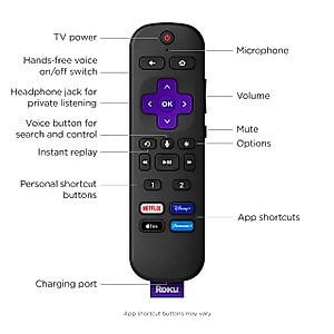 Roku Voice Remote Pro | Rechargeable voice remote with TV controls, lost remote finder, private listening, hands-free voice controls, and shortcut buttons for Roku Players, Roku TV, & Roku Streambars