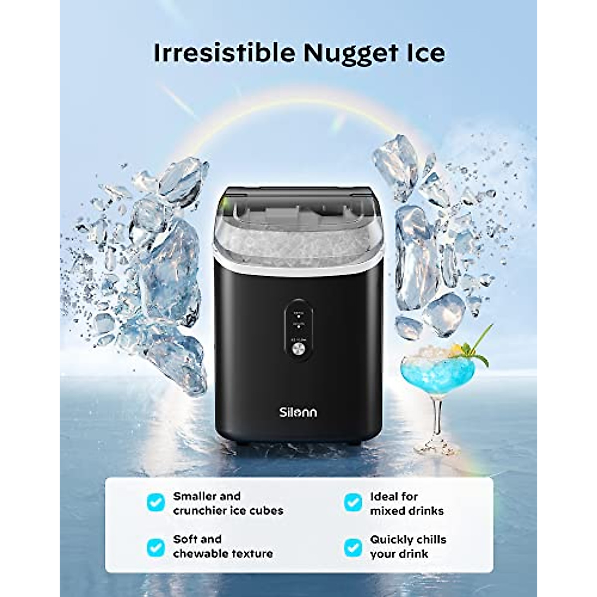 Nugget Ice Maker Countertop - 33lbs/24H, Silonn Pebble Ice Maker Machine with Self-Cleaning Function, Ice Makers for Home Kitchen Office