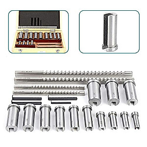22 Pcs Keyway Broach Kit Collared Bushing Shim Sets in Fitted Box, Metric Size 4 pcs Broach & 13 Collared Bushing & 5 Gaskets, High Speed Steel Material Metalworking Industrial Tools