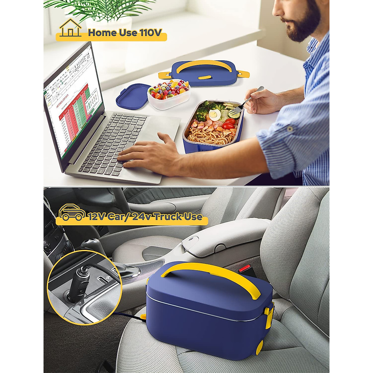 YISSVIC Electric Food Heater for Car and Truck,Portable Food Warmer Heater for Work 3in1 for 12V 24V 110V Heated Lunch Box with Removable Container and Bag