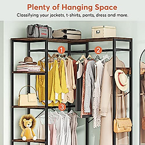Tribesigns L-Shape Clothes Rack. Freestanding Clothing rack with Shelves & Side Hook, Heavy Duty Garment Rack Corner Wardrobe Closet Rack for Hanging Clothing, Rustic Brown