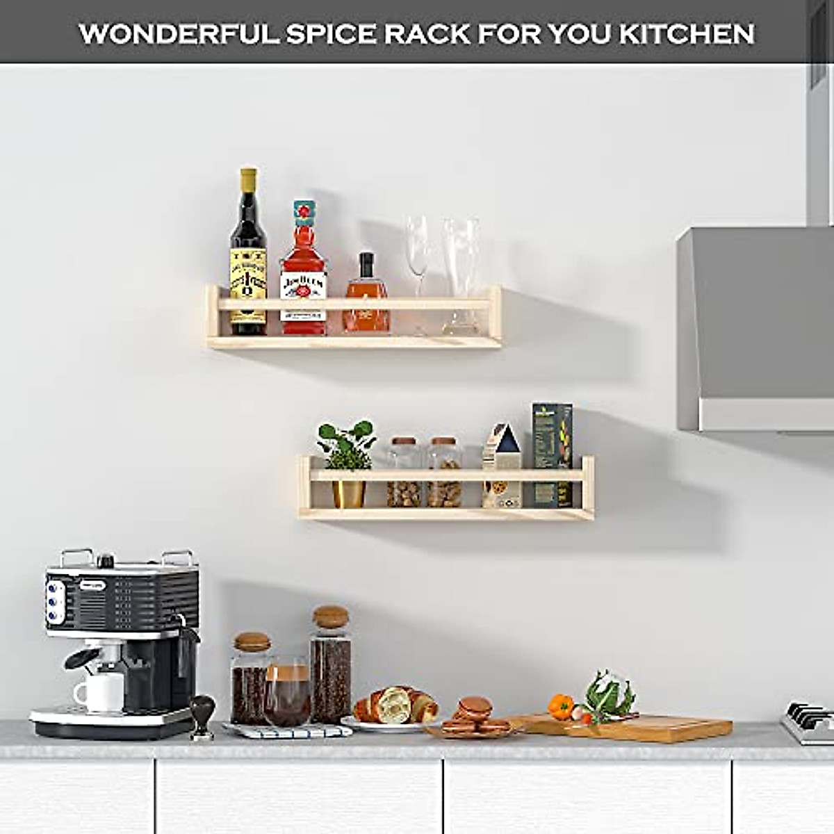 Classic Nursery Shelves, Set of 2 Natural Wood Floating Book Shelves for Kids Room, Wall Shelves for Bathroom Decor, Kitchen Spice Rack, Book Shelf Organizer for Baby Nursery Décor (16.5Lx4W)