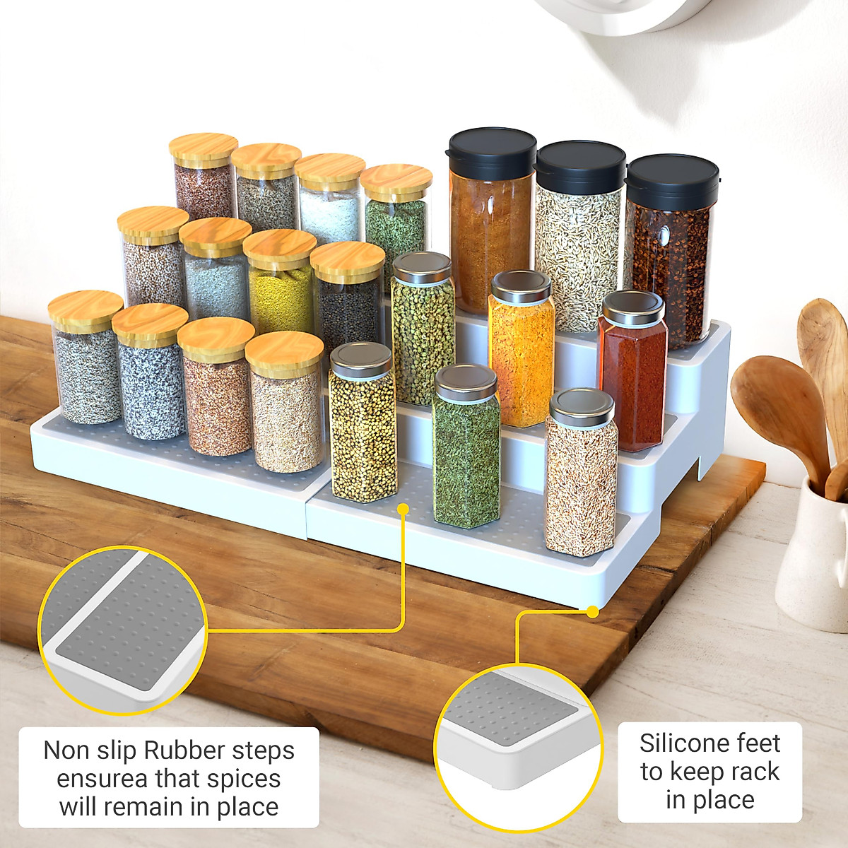 YAN & HIN Pack of 2, 3-Tier Spice Racks, Expandable and Non-Skid, Ideal as Medicine Cabinet Organizer, Kitchen Shelf Pantry Organizer, and Seasoning Organizer, Canned Food Organizer