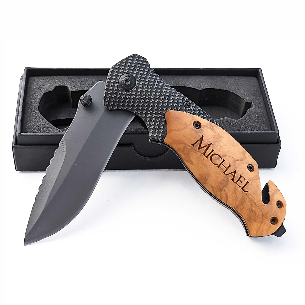 Personalized Engraved Wood Handle Pocket Knife - Personalized Gift for Men - Custom Box Included